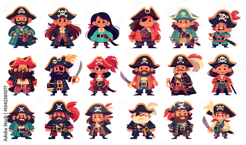 Flat pirate characters set. Cartoon marine robbers captain, man and ...