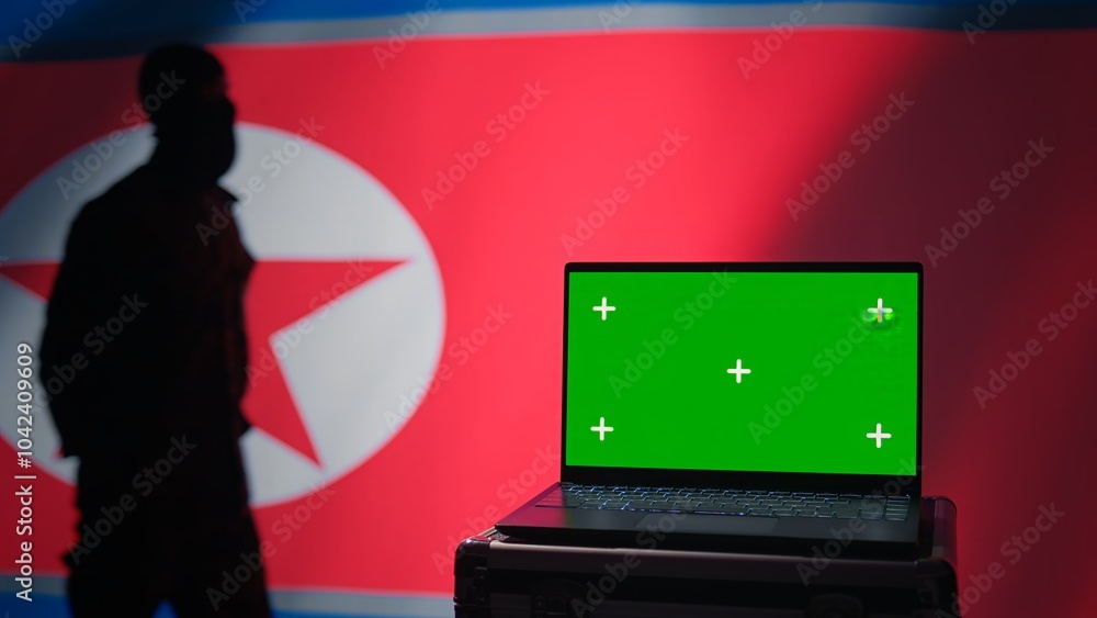 North Korea soldier using radar on green screen laptop to detect ...
