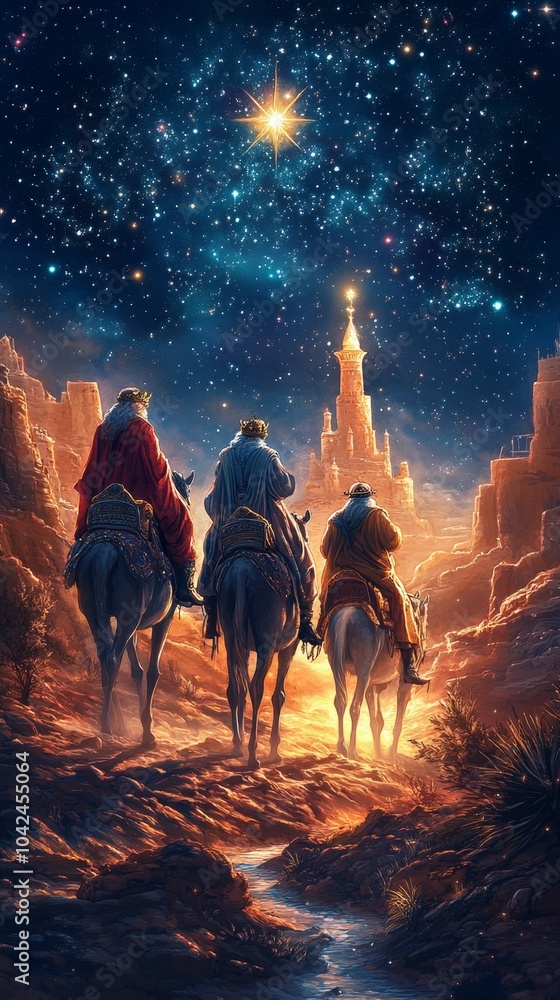 Los tres reyes magos, siguiendo la estrella de Oriente, concepto de ...