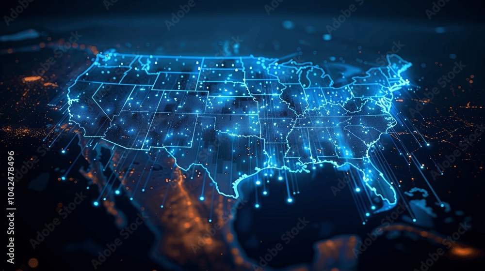USA Digital Connectivity Map Blue Glowing Data Points Technology ...