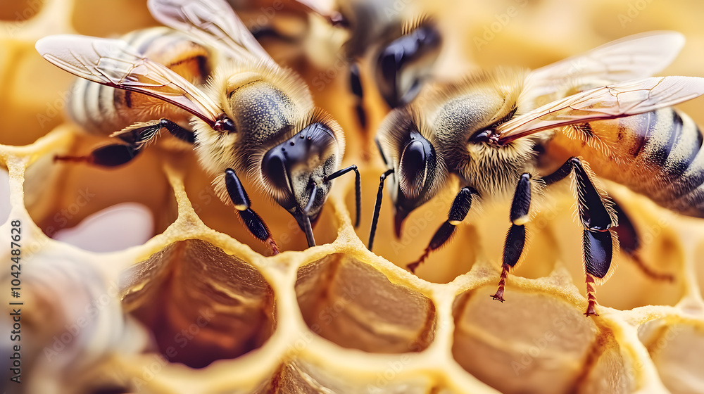 acercamiento de abejas trabajando en la colmena en el panal haciendo la ...