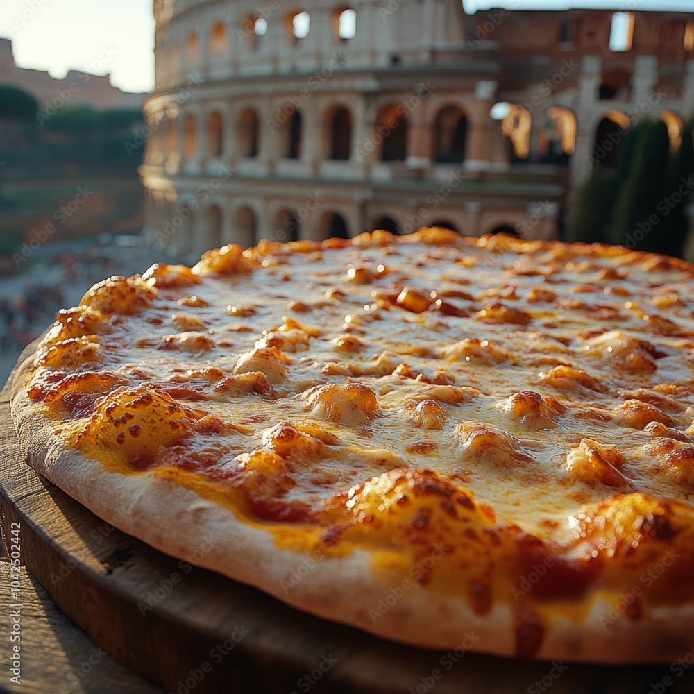 Pizza margarita con el Coliseo de Roma al fondo, como símbolo de la ...
