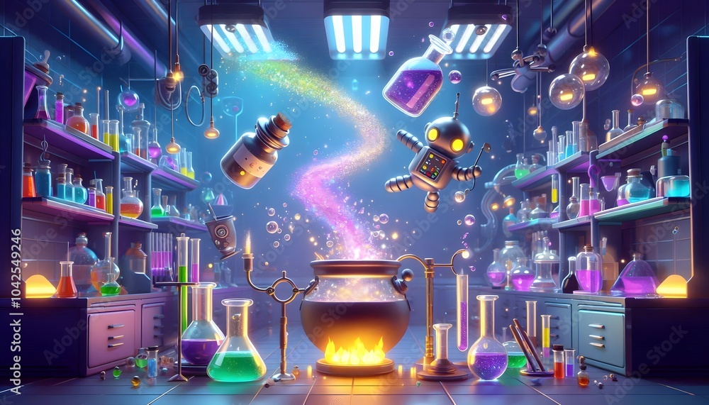 lab cartoon focused on magical potions, where accidents are the norm. A ...