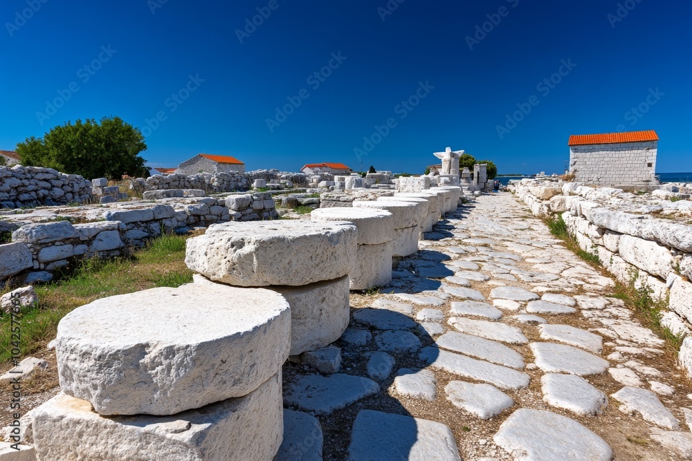 Ancient marketplace ruins in Sepino, with stone stalls and columns ...