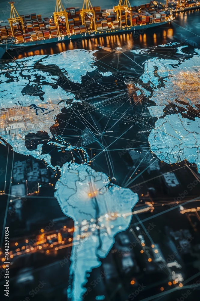 Stock-Foto „Illustrate a shipping route map with major ports marked ...
