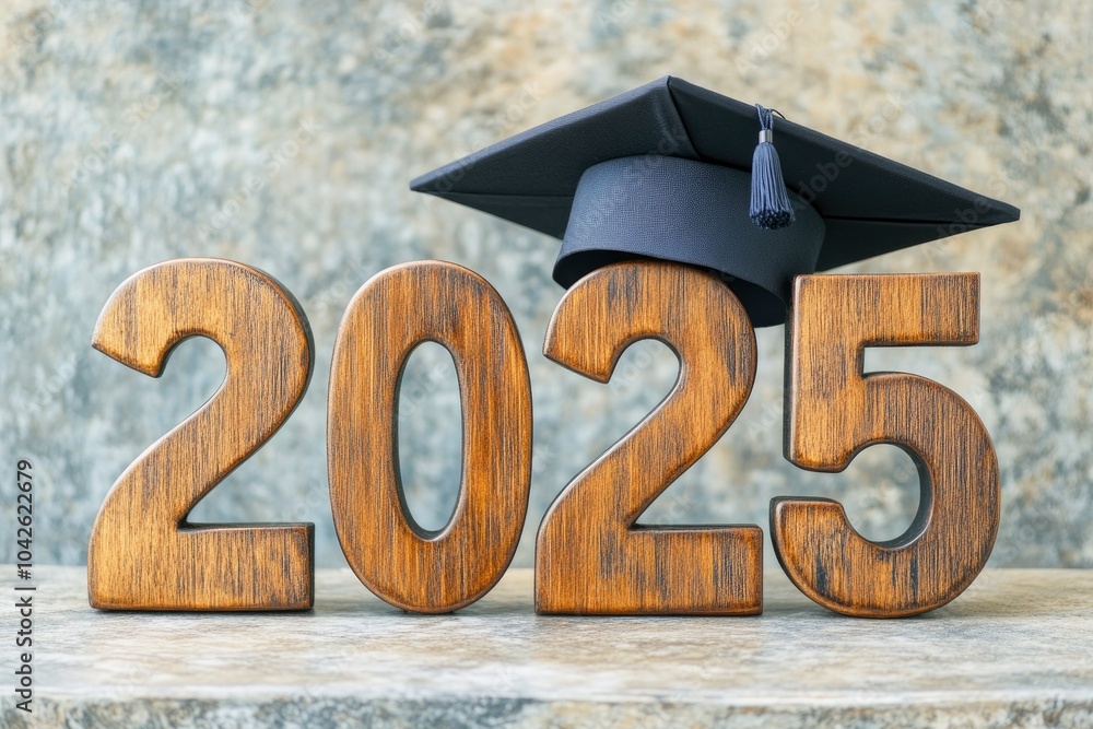 Class of "2025" concept. Wooden number "2025" with graduated cap on ...