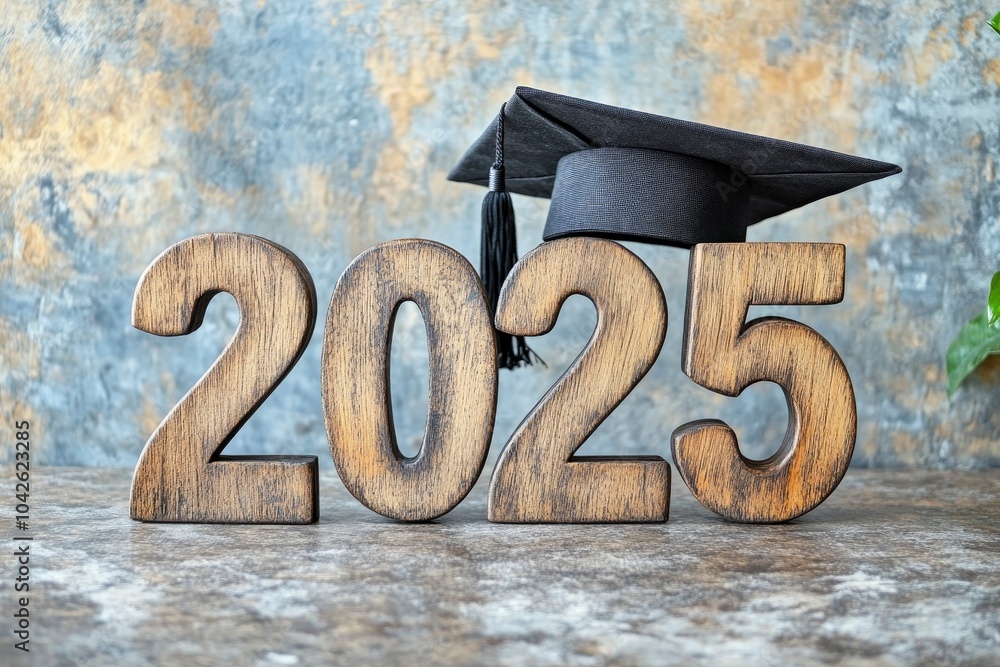 Class of "2025" concept. Wooden number "2025" with graduated cap on ...