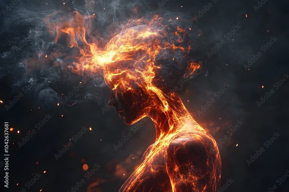 A powerful depiction of a human silhouette ablaze, with intense flames ...