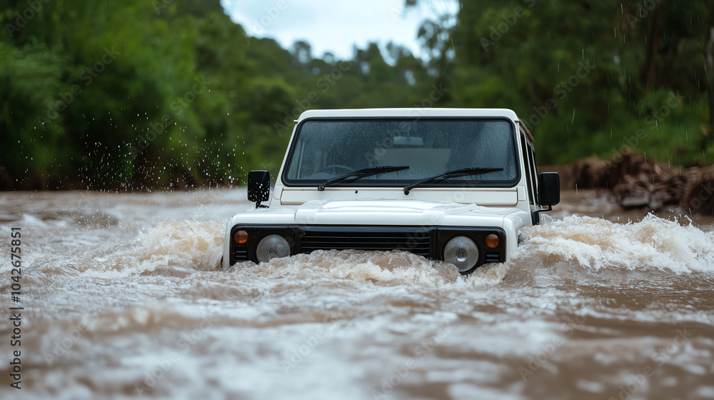 A white off-road vehicle navigating through a flooded river, showcasing ...