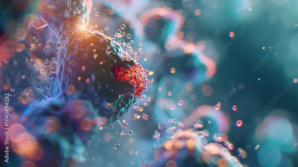 Microscopic view of a cell undergoing apoptosis, nucleus shrinking and ...