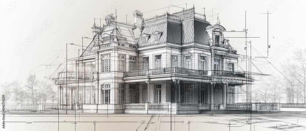 Architectural blueprint of a detailed mansion design with sketches and ...