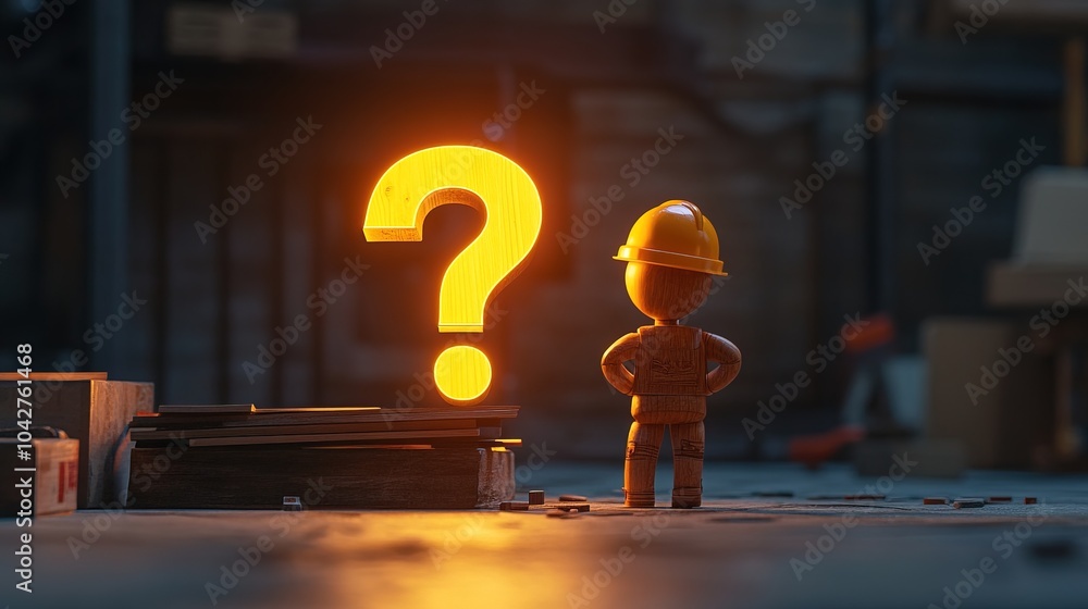 Glowing figure wooden construction worker and question mark with copy ...