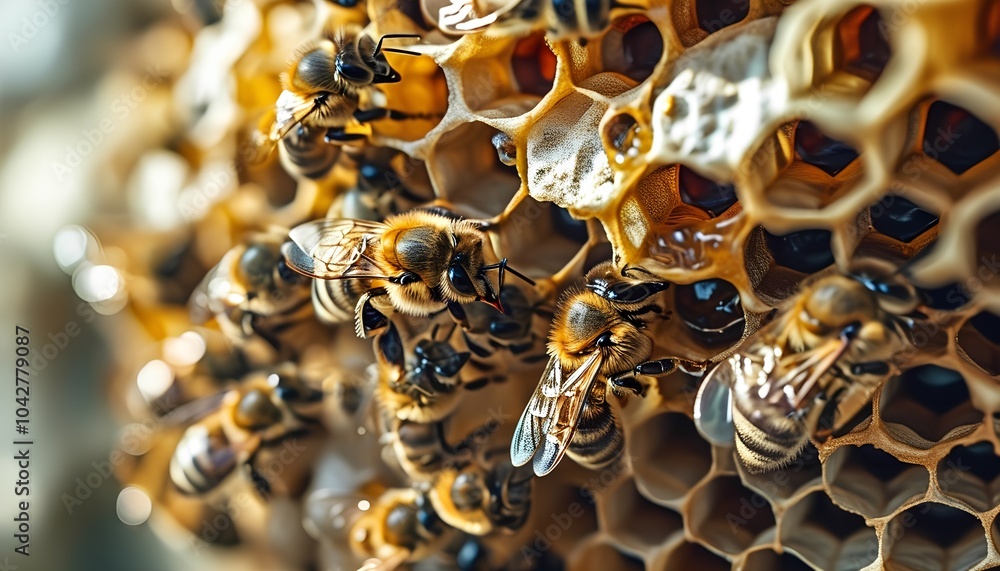 A close-up exploration of bees and their intricate honeycomb structure ...