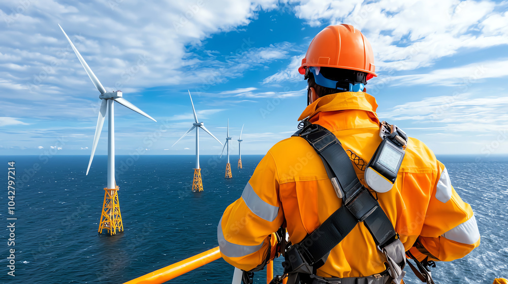Worker conducting visual inspection of offshore wind turbines under ...