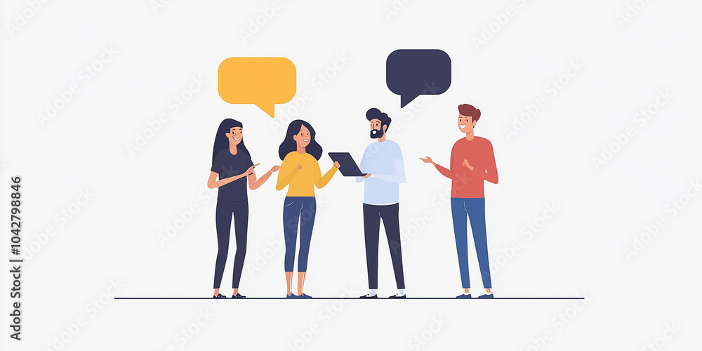 Four cartoon characters engage in a group discussion with speech ...