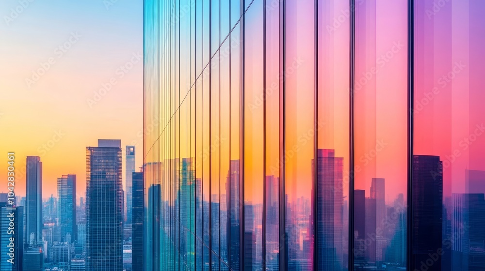 Abstract view of glass skyscrapers with vibrant gradient lighting ...