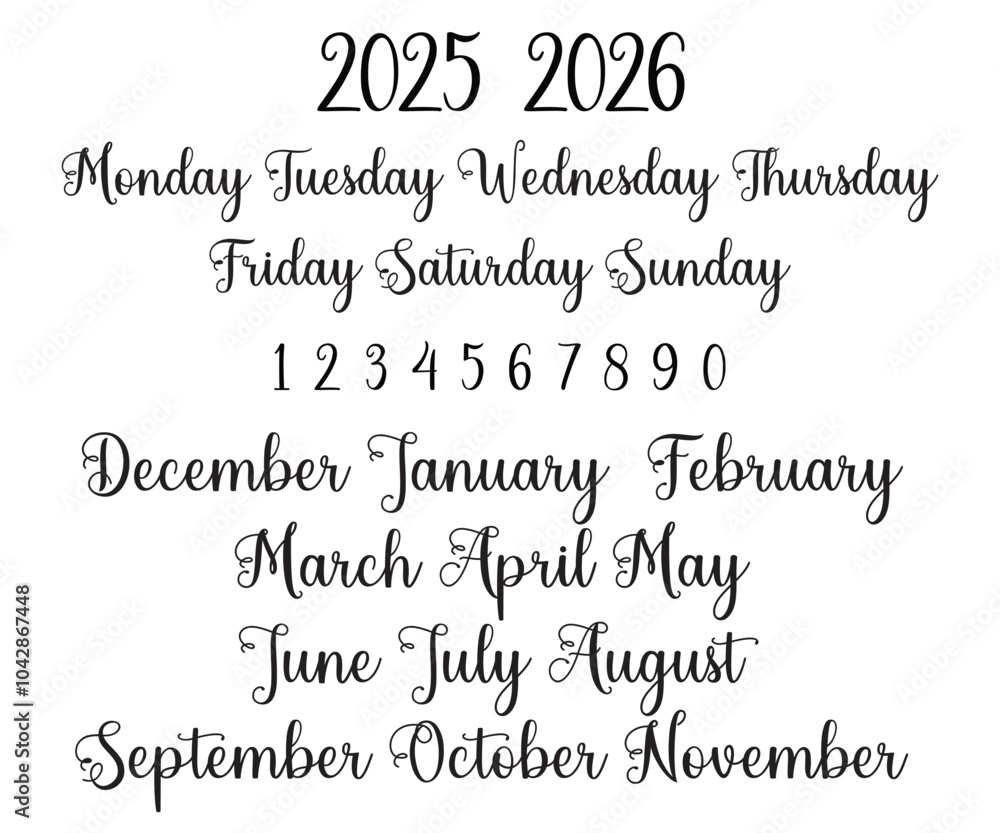 2025 calendar template, Handwritten months names vector set: December ...