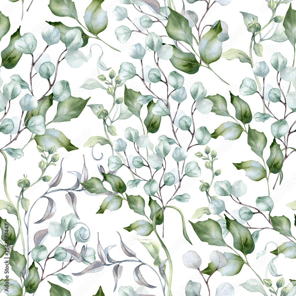 Eucalyptus branches, holly leaves and curly vines in pastel watercolor ...