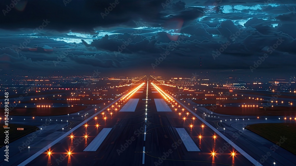 Airport runway illuminated by colorful lights at night, extending into ...