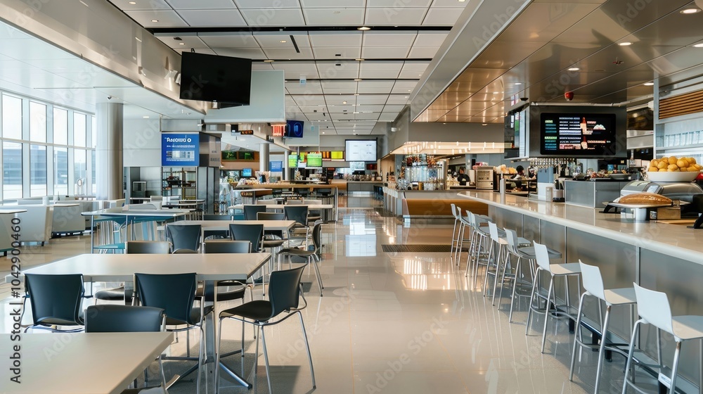 Passengers dining in airport food court. Terminal seating, dining ...