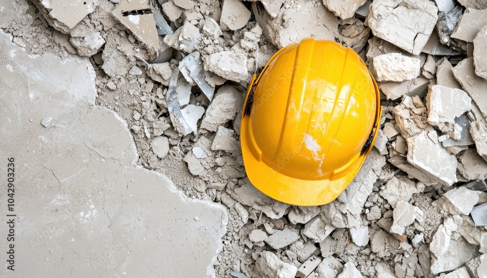 Fallen construction worker amidst rubble, helmet off, focusing on ...