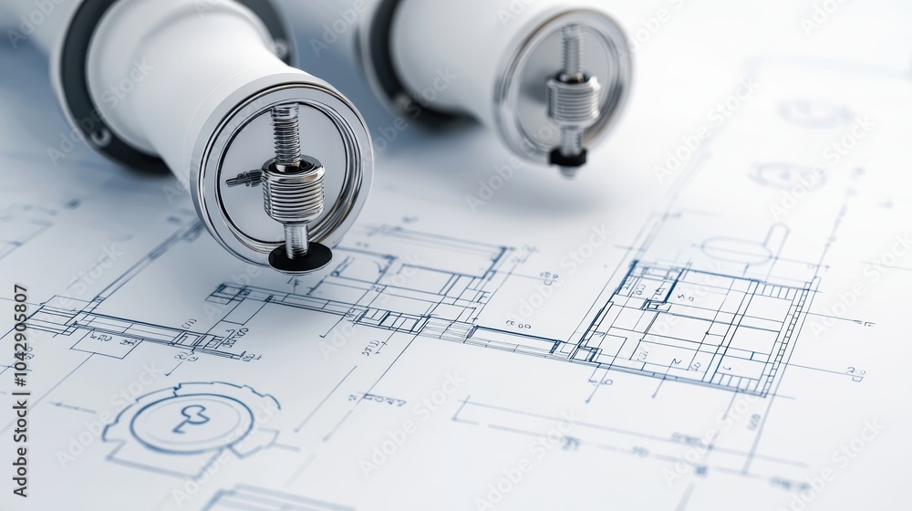 Realistic drawing of a plumbing network on a blueprint, featuring ...
