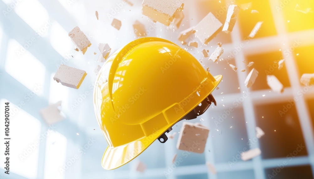 Yellow hard hat bursting under flying bricks, showing the intensity of ...