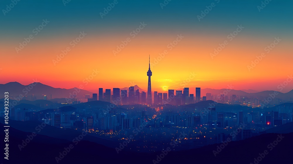 Minimalist silhouette of Seoul's famous landmarks, N Seoul Tower and ...