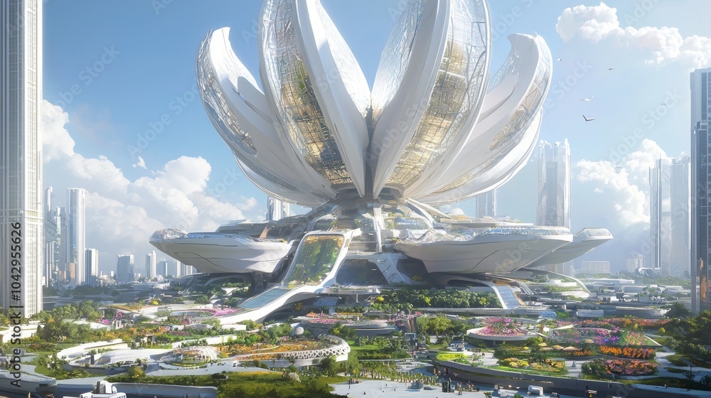 Blooming Futuristic Megastructure - Digital Art of a Giant Flower-like ...