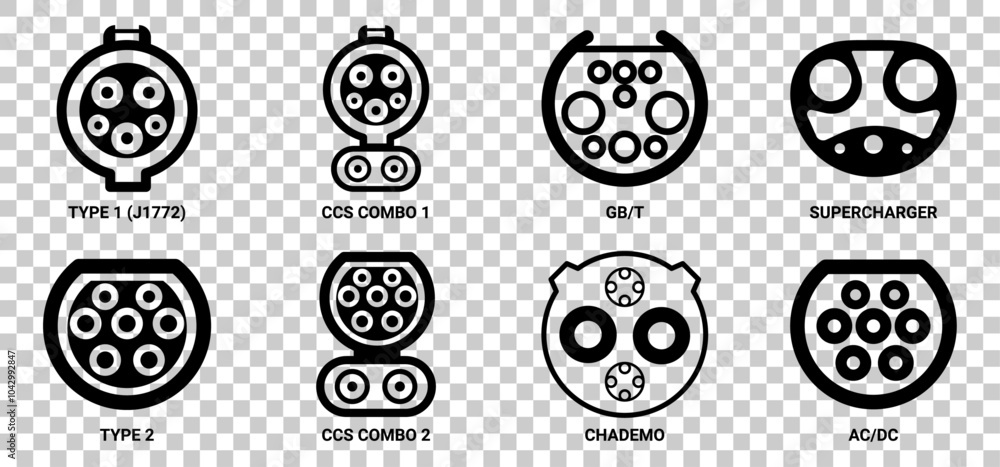 Types of electric vehicle plugs. standard charging connector plug and ...