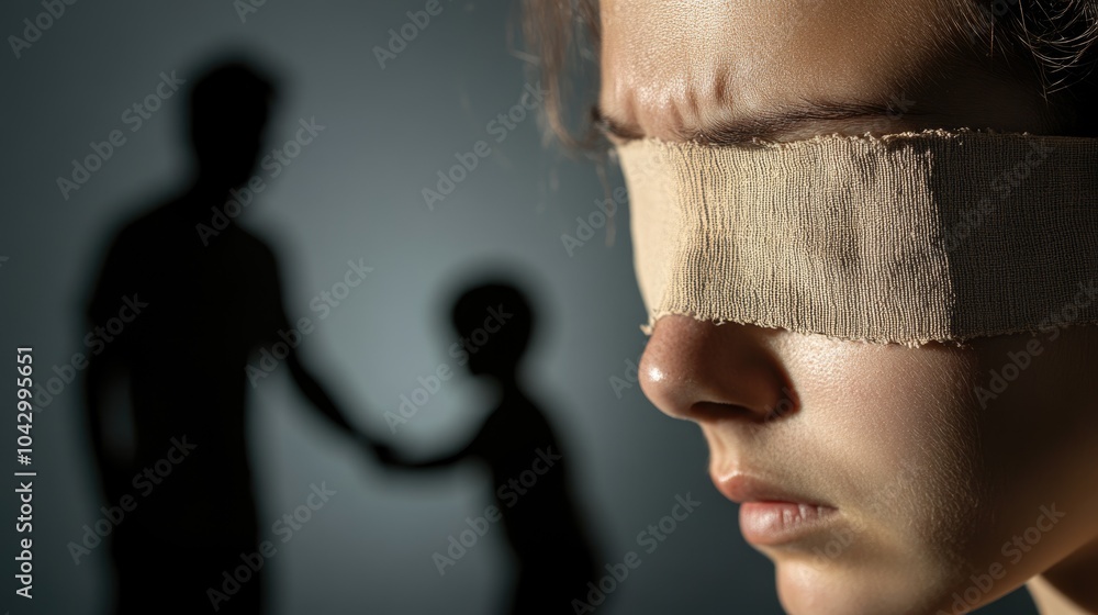 Silent complicity, mother with a blindfold embodying willful ignorance ...