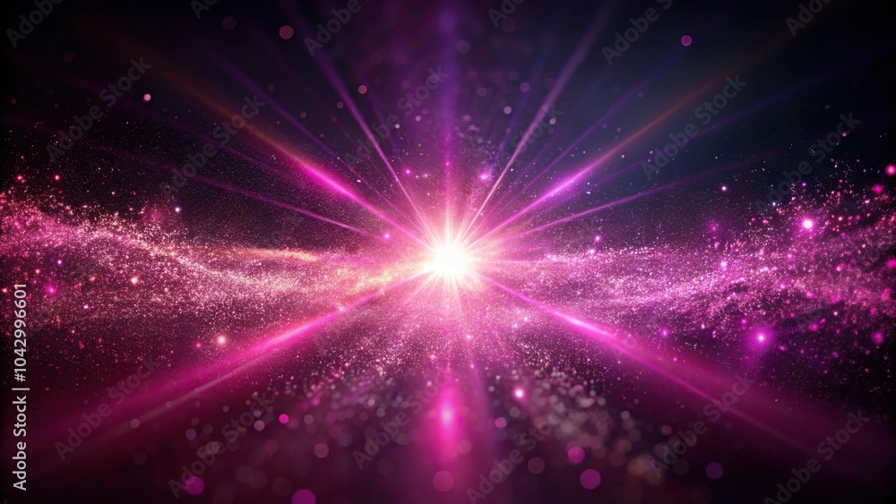 Explosion of pink and purple dust particles with light rays at a tilted ...
