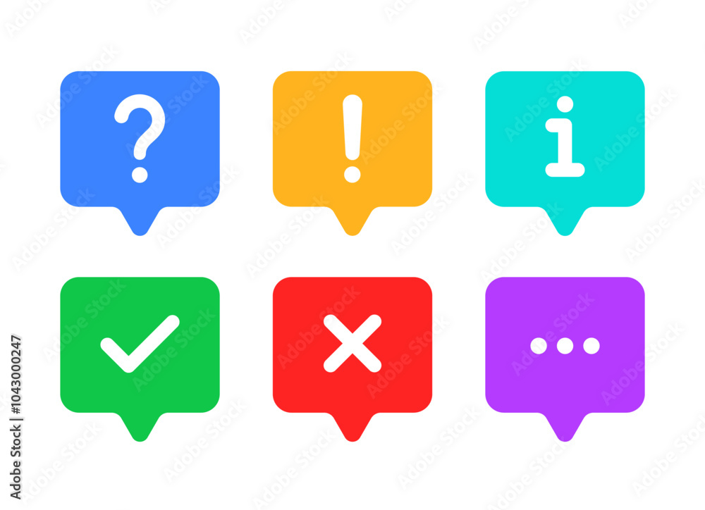 A set of six icons representing common interface symbols a question ...