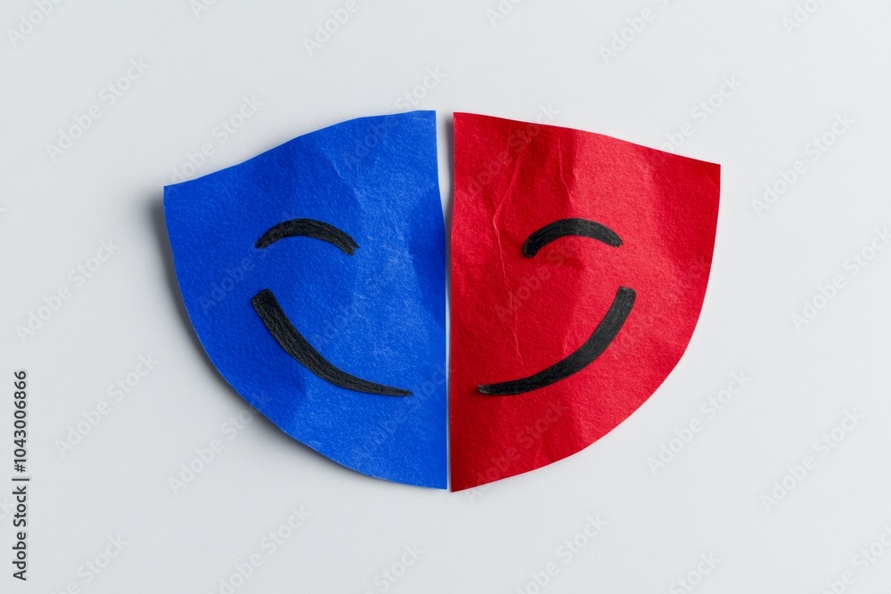 Smiley face is cut in half, with one half blue and the other half red ...
