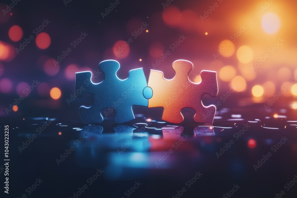 Two puzzle pieces connecting in a 3D space, symbolizing virtual ...