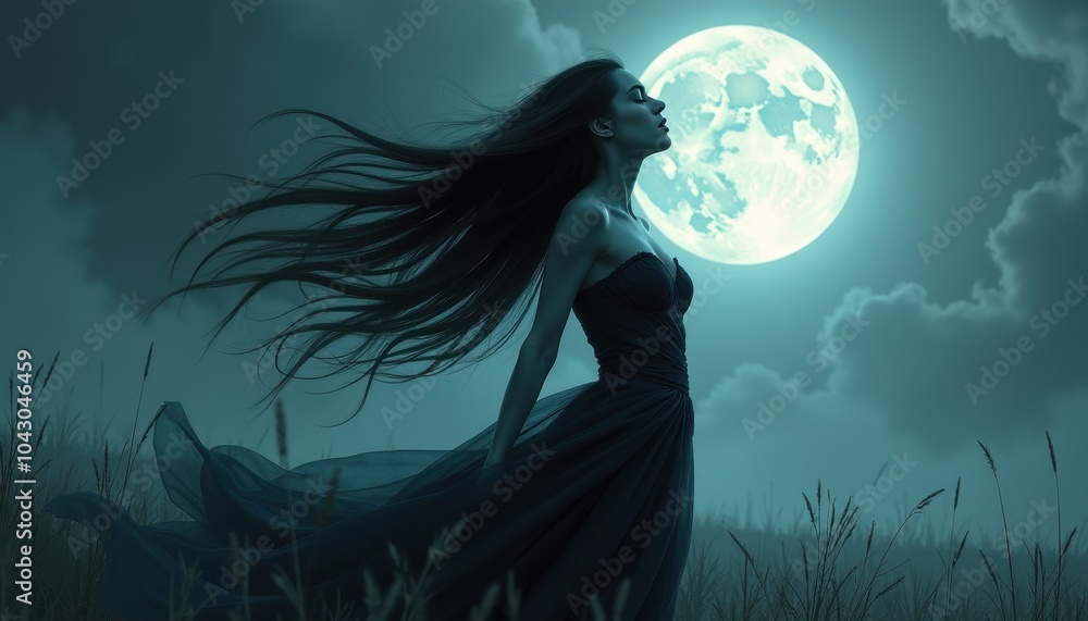 Banshee wailing in the wind beneath a haunting full moon as her long flowing hair swirls around ...