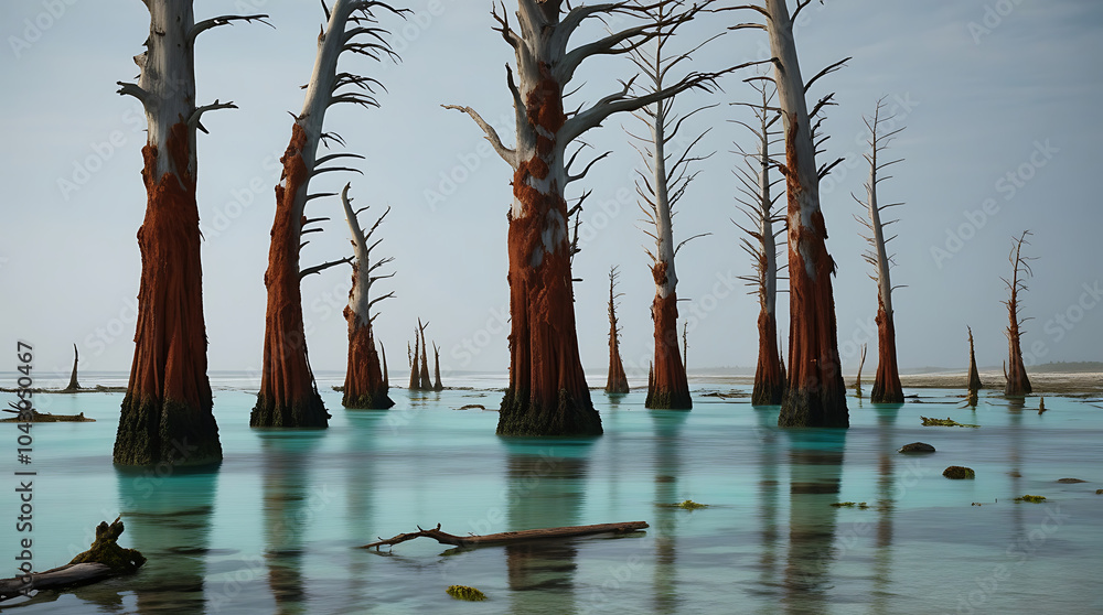Ilustração do Stock Coastal trees standing dead in shallow waters ...