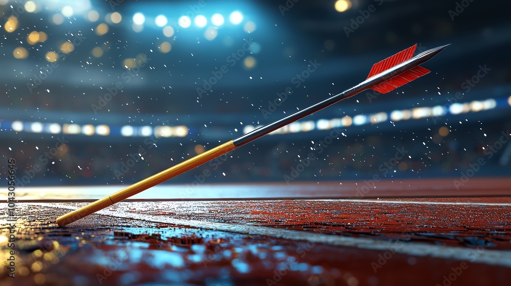 Javelin throwing spear, stadium track background, 3D illustration Stock ...