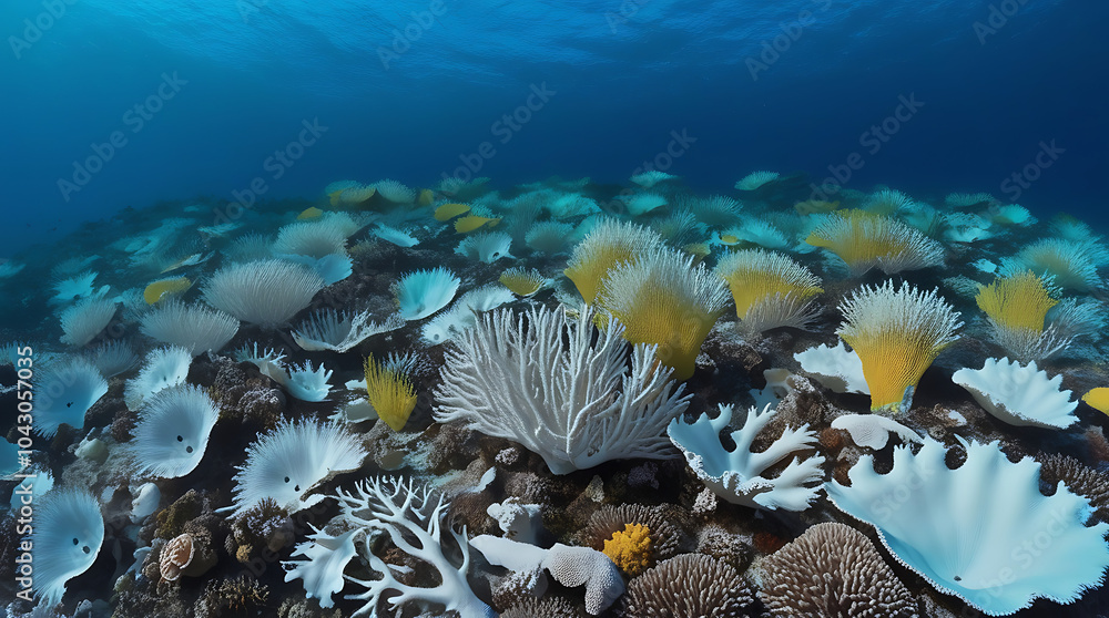 Coral reefs turning white and decaying under murky waters, representing ...