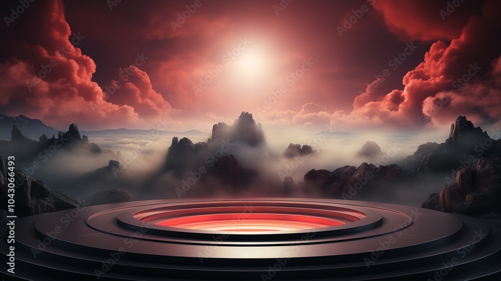 Geometric smoke and light cloud background with a minimal podium stand ...