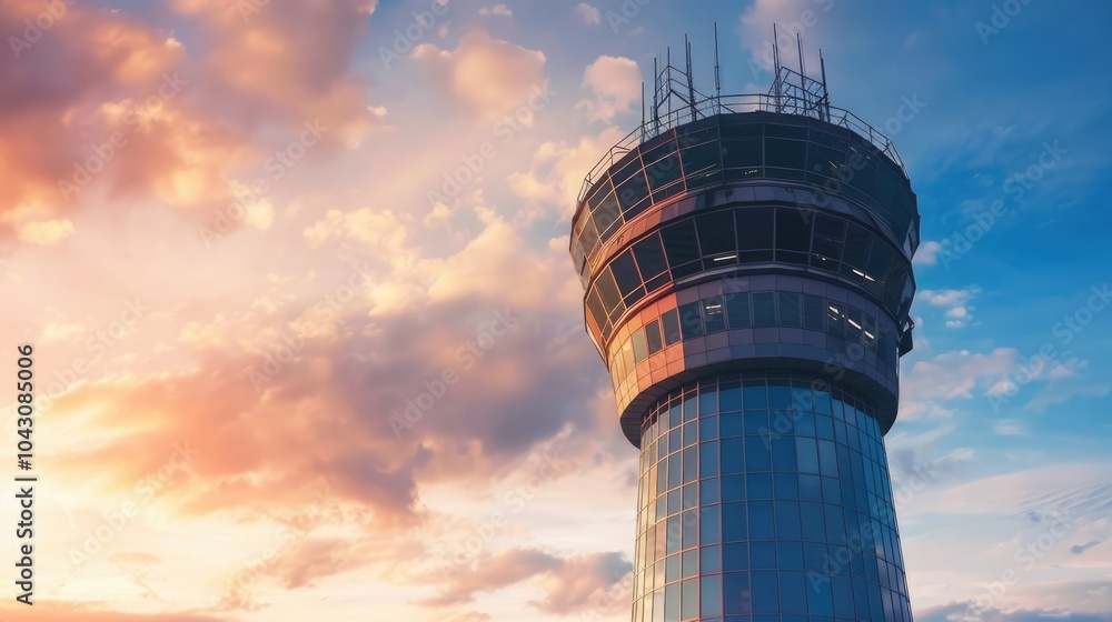 Control tower overseeing airplane takeoff during sunrise. Aviation ...