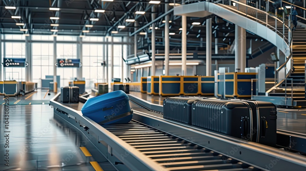 Luggage on a conveyor belt in an airport baggage handling area ...
