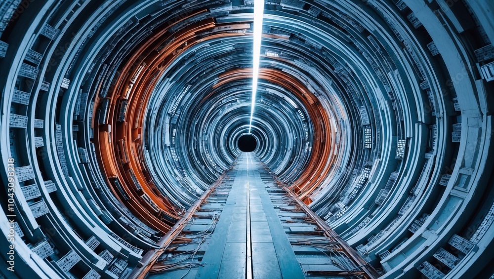 3D Rendering of abstract wire cable tunnel with digital binary data transmitting. Depth of field ...