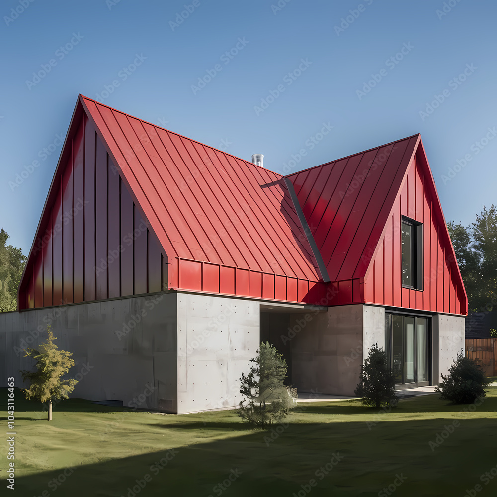 Modern house with striking red triangular roof and concrete base ...