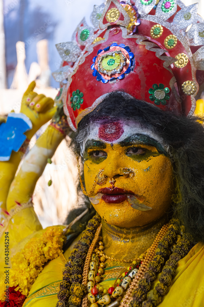 Kulasai Dasara, Portrait of indian woman with painted face and dressed ...