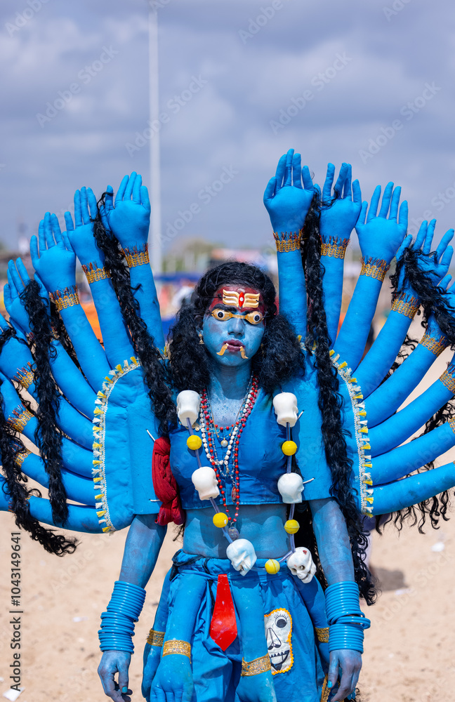 Kulasai Dasara, Portrait of indian woman with painted face and dressed ...