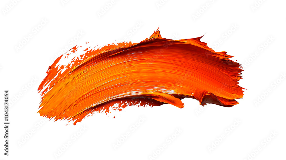 Single bold stroke of deep orange paint next to a brush full of paint ...