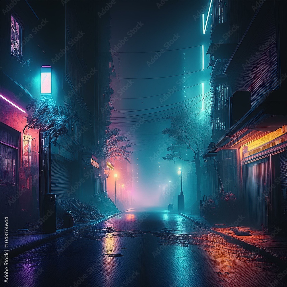 Gloomy dark street filled with night smog and smoke, neon lights ...