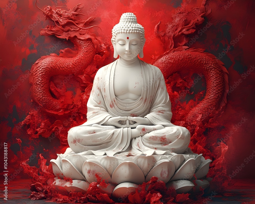 white color lord buddha in a meditation pose, red color chinese dragon ...