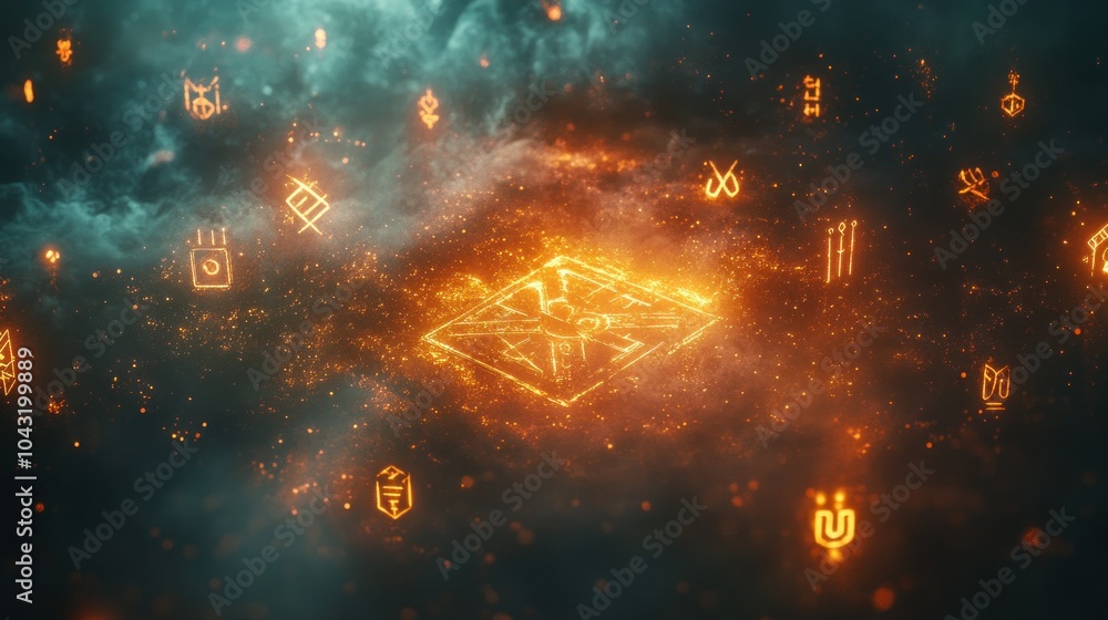 Magical glowing runes and symbols floating in a misty atmosphere with ...